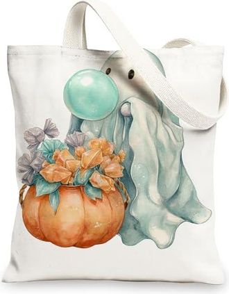 Generic Sacs fourre-tout fantaisistes en toile, jolis fantômes et citrouilles florales, réutilisables, vintage, légers, lavables, blanc, 13x15 Inch