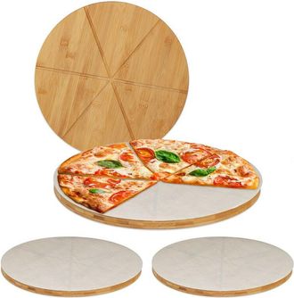 Relaxdays Relaxdays - Planche pizza, bambou, x8, assiette ronde 33 cm, papier de cuisson, avec rainures pour le d&eacute;coupage, nature