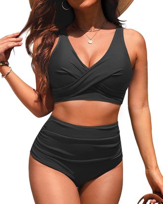 Yonique Zweiteiliges Damen-Bikini-Set, hohe Taille, Bauchkontrolle, Badeanzug, volle Abdeckung, Schwarz, Large