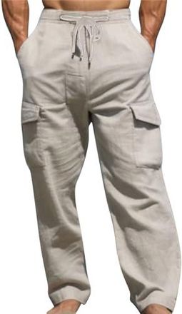 Generic Pantalon baggy en coton et lin pour homme, couleur unie, multi-poches, tube droit, couleur unie, confortable, respirant, pantalon classique, gris, 3XL