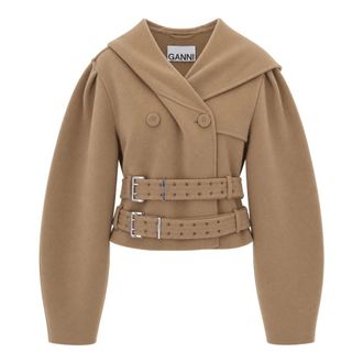 Ganni Doppelreihiger Mantel mit Kapuze - - Coats - Damen - Beige - S