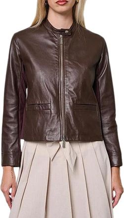 Kaos Kaos, Femme, Vestes, Brun, Taille: 44 FR Giacca in vera pelle inserti in punto stoffa
