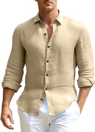 Generic Chemise formelle en lin &agrave; manches longues pour homme - Chemise boutonn&eacute;e en lin - Coupe ajust&eacute;e - Style d&eacute;contract&eacute; - Blanc - Col en V - T-shirt pour 