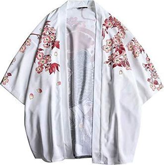 LaoZanA Kimono Chemise Style Japonais Hommes Veste Cardigan Manteau Blanc M