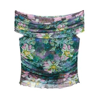 Desigual Femme, Blouses et Chemises, Bleu, Taille: 40 FR Haut &agrave; Manches Courtes et Col Bateau Floral