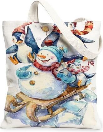 Generic Sacs fourre-tout en toile motif pingouin dhiver, mignon bonhomme de neige, sacs de courses r&eacute;utilisables, fantaisie, ludique, l&eacute;ger, lavable &agrave; l&eacute;paule
