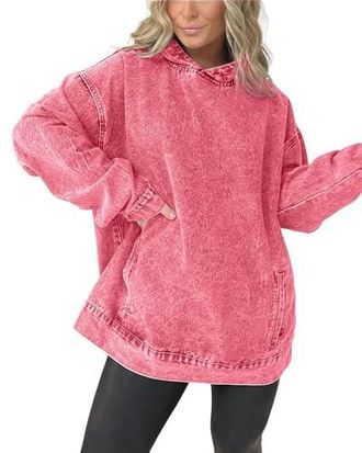 Generic Sweat à capuche en jean avec poches avant, veste en jean pour femme, sweat à capuche surdimensionné pour femme, rose rouge, XXL