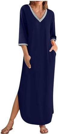 Generic Robe longue à manches 3/4 pour femme - Été et automne - Col en V - Coupe ample - Fente - Mode 2024 - Y2K, H-182 Bleu marine, XL