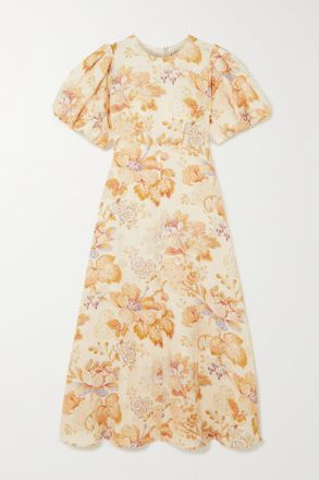 Alemais Philomena Midikleid Aus Leinen Mit Blumenprint - Creme
