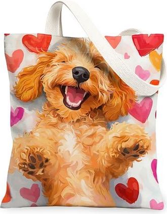 Generic Cockapoo Sac fourre-tout en toile pour faire du shopping 33 x 38,1 cm, sac &agrave; bandouli&egrave;re r&eacute;utilisable en forme de coeur mignon pour femme, peinture da