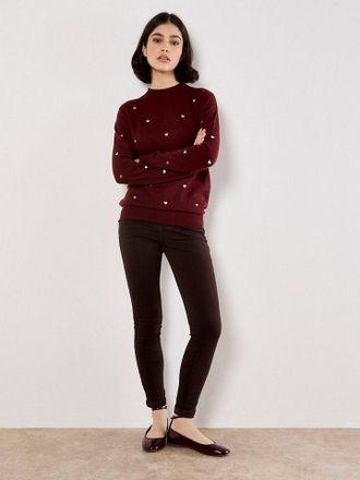 Apricot Rundhalspullover Stehkragenpullover mit aufgestickten Herzen