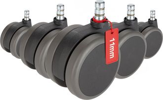 hjh OFFICE 619019 5er Set Rollen ROLO NO-Noise Schwarz 11mm x 75mm Drehstuhlrollen f&uuml;r Harte B&ouml;den