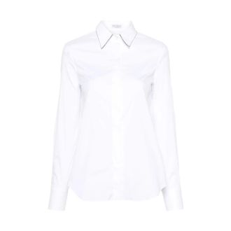 Brunello Cucinelli Wei&szlig;e Baumwoll-Popeline Bluse mit Monili-Kette - - Blouses & Shirts - Damen - Wei&szlig; - S