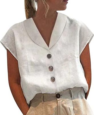 Onsoyours Chemisier Femme T-Shirt Manche Courte Oversized Lin Coton Blouse Casual Col V Couleur Unie Hauts Sexy Mode Chemise Tops A Blanc XXL