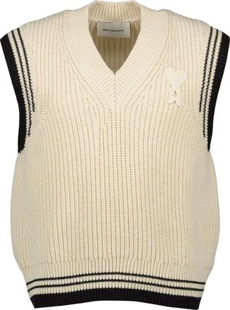 Ami Homme, Pulls, Beige, Taille: XS De Coeur Tricot Sans Manches Col V