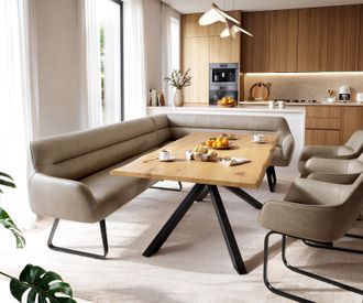 DELIFE Esszimmerbank Taya-Flex 285x190 cm Mikrofaser Beige Vintage Kufengestell flach Schwarz Taschenfederkern Links, Eckb&auml;nke