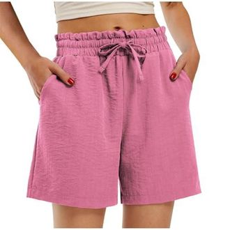 Generic Short en lin pour femme - Taille haute &eacute;lastique - D&eacute;contract&eacute; avec poches - Pantalon de d&eacute;tente pour femme, rose, XXL