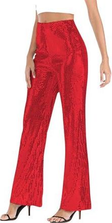 Generic Pantalon évasé ample doublé de couleur unie avec paillettes transparentes pour femme, Rouge, L