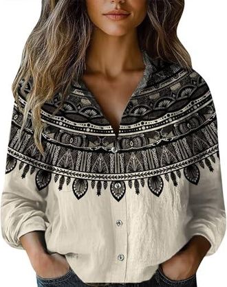 Generico Chemise Femme &Eacute;l&eacute;gant &agrave; Manches Longues Chemisier en Lin Coton D&eacute;contract&eacute; Grande Taille T Shirt Col en V Classique Blouse Vintage Fantaisie avec Bout