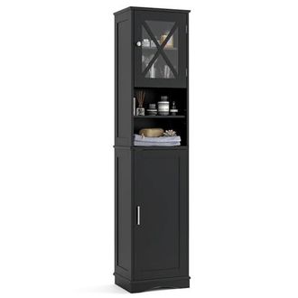 Giantex Colonne Salle de Bain en MDF, Armoire Haute Salle de Bain &agrave; 2 Portes, 5 &Eacute;tag&egrave;res R&eacute;glables, 2 Comportements Ouvertes, Design Imperm&eacute;able, Meuble Range