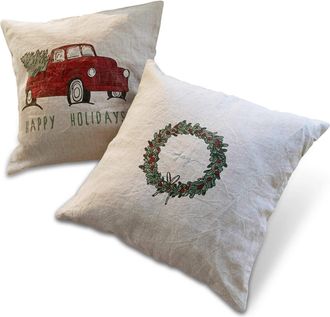 Loberon Kissenhülle 2er Set Camon, nostalgische Prints, Adventskranz/Auto mit Weihnachtsbaum, weihnachtliche Textilien, Weihnachtsstimmung, Weihnachtsdeko, We