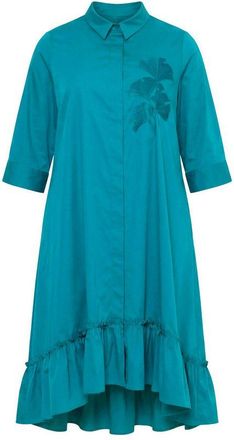 Ulla Popken Maxikleid Maxikleid Ginkgo-Stickerei Hemdkragen 3/4-Arm