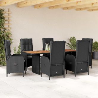 Festnight JHQHSM 7-TLG. Garten-Essgruppe mit Kissen Schwarz Poly Rattan, Outdoor Esstischgruppe mit verstellbaren Sesseln und Akazienholz Tischplatte, pflegelei