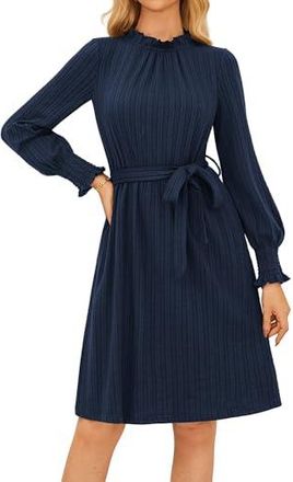 Grace Karin Robe de cocktail vintage c&ocirc;tel&eacute;e &agrave; manches longues pour femme - Coupe trap&egrave;ze - Avec poches, bleu marine, XL