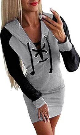 Generic Robe amincissante &agrave; col en V et manches longues et pampilles pour femme - Longueur mi-longue - D&eacute;contract&eacute;e, gris, XXL