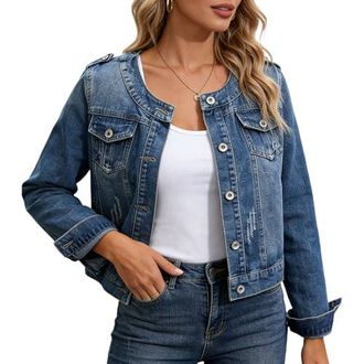 Generic Veste en jean sans col &agrave; manches longues pour femme - D&eacute;lav&eacute;e - Jolie veste en jean d&eacute;contract&eacute;e tendance, bleu, 3XL
