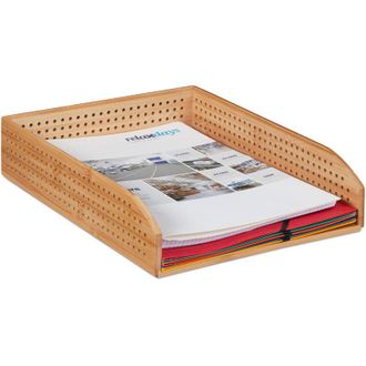 Relaxdays 10 x Dokumentenablage Bambus, perforiert, stapelbar, A4, Schreibtischablage, B&uuml;ro, Ablage hbt: ca 7 x 25 x 33, nat&uuml;rlich