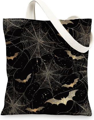 Generic Sacs fourre-tout effrayants en toile, motif chauve-souris et toile daraignée, sacs dépicerie réutilisables, sacs vintage légers et lavables à bandouli