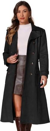 Allegra K Trench Coat Femme en Faux Su&egrave;de &agrave; Revers Crant&eacute; Blouson Long &agrave; Double Boutonnage avec Ceinture Manteau Faux Cuir &agrave; Manches Longues Noir L