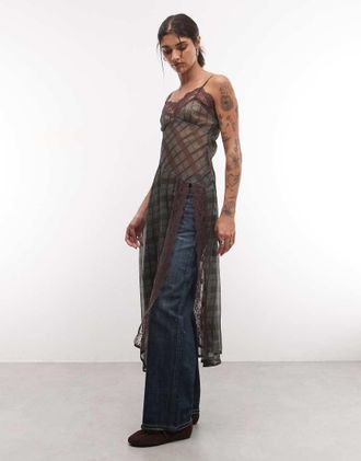Reclaimed Vintage transparentes Maxitop aus Chiffon mit Karomuster und Spitze-Multi