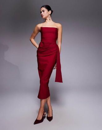 Vesper Robe bandeau mi-longue en bengaline avec encolure carr&eacute;e et drap&eacute; sur lavant - Lie-de-vin-Rouge