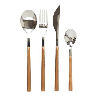The Home Deco Factory KA5991 Besteckset mit 16-teiligem Besteck, Messer, Gabeln, Esslöffel und Kaffeelöffel, Metall, Edelstahl, Holzoptik, Grau und Braun, H24,5 x 5 x 16,5 