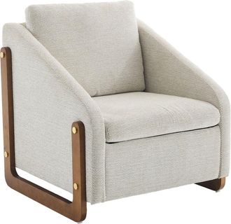 Liberte Fauteuil pour salon, chaise moderne avec accoudoir en bois et coussin, tissu de chenille, beige