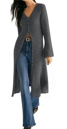 Generic Cardigan long tendance &agrave; col en V boutonn&eacute; pour femme, manteau maxi en tricot &eacute;pais pour lautomne et lhiver, options de tricot torsad&eacute;, gris, M