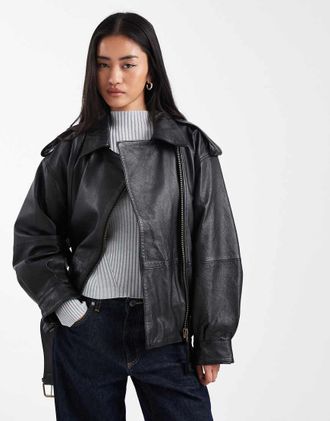 Asos Blouson style motard oversize en cuir v&eacute;ritable - Noir