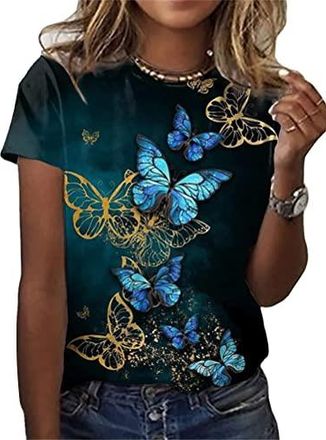 Onsoyours Femme T-Shirt À Manches Courtes Col Rond Tunique Top Décontracté Chemisier Blouse Casual Chemise Papillon Imprimé Haut Pull Tee Shirt De Sport Été A B