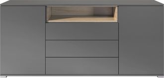 Vladon Skadu V4 Sideboard, Kommode mit 2 Türen, 3 Schubladen und 1 offenem Fach, Anthrazit matt/Eiche sägerau (166,5 x 75,5 x 35 cm)