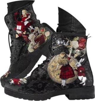 Minetom Femmes Bottines Gothique Impression Punk Bottines en PU Cheville Chaussures Bottines À Lacets en Plein Air Plat Bottes Courtes A Lapin 39 EU