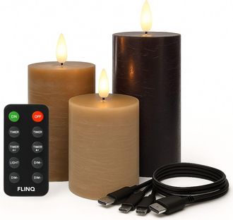 FlinQ Wiederaufladbare LED-Kerzen mit lebendiger Flamme - Inklusive Fernbedienung mit Timer und Dimmfunktion - Wiederaufladbare Echtewachs Stumpenkerzen - 3