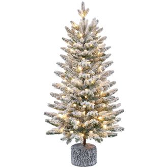 Yaheetech 92 cm Mini K&uuml;nstlicher Weihnachtsbaum mit Schnee, Eingetopfter Tannenbaum mit 50 LEDs in Warmwei&szlig; und 355 Spitzen, Schneebedeckter Beflockter Kleiner 