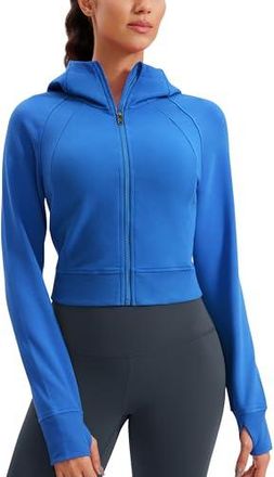 CRZ YOGA Womens Cropped Hoodie Full Zip Hoodie Jacket Sweatshirts athlétiques à Manches Longues avec Trous pour Le Pouce Bleu Étincelant 42
