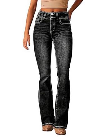 Generic Jean r&eacute;tro extensible pour femme - Style printemps - Taille haute - D&eacute;lav&eacute; - Bas cloche - Style urbain - Pantalon l&eacute;g&egrave;rement &eacute;vas&eacute;, Noir, XXL