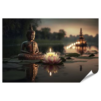 Islandburner XXL Bild Poster Buddha Meditation mit Kerzen und Lotusblume im Wasser Premium Bilder Fotodruck