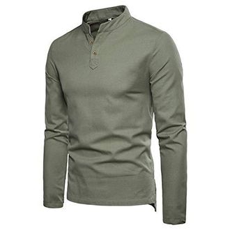 Generic Chemises en lin pour homme grande taille - Chemise noire &agrave; manches longues - Col &agrave; manches longues - T-shirt noir en coton - Haut pour homme, vert mil
