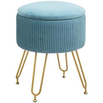 HOMCOM Pouf Rangement 13,5 L Pouf Salon Tabouret de Coiffeuse en Velours avec Pieds en Acier, Maquillage vanit&eacute; Repose Pied Rond jusqu&agrave; 110 kg, pour Couloir,