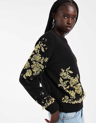 Asos Pullover mit Perlenverzierung in Schwarz